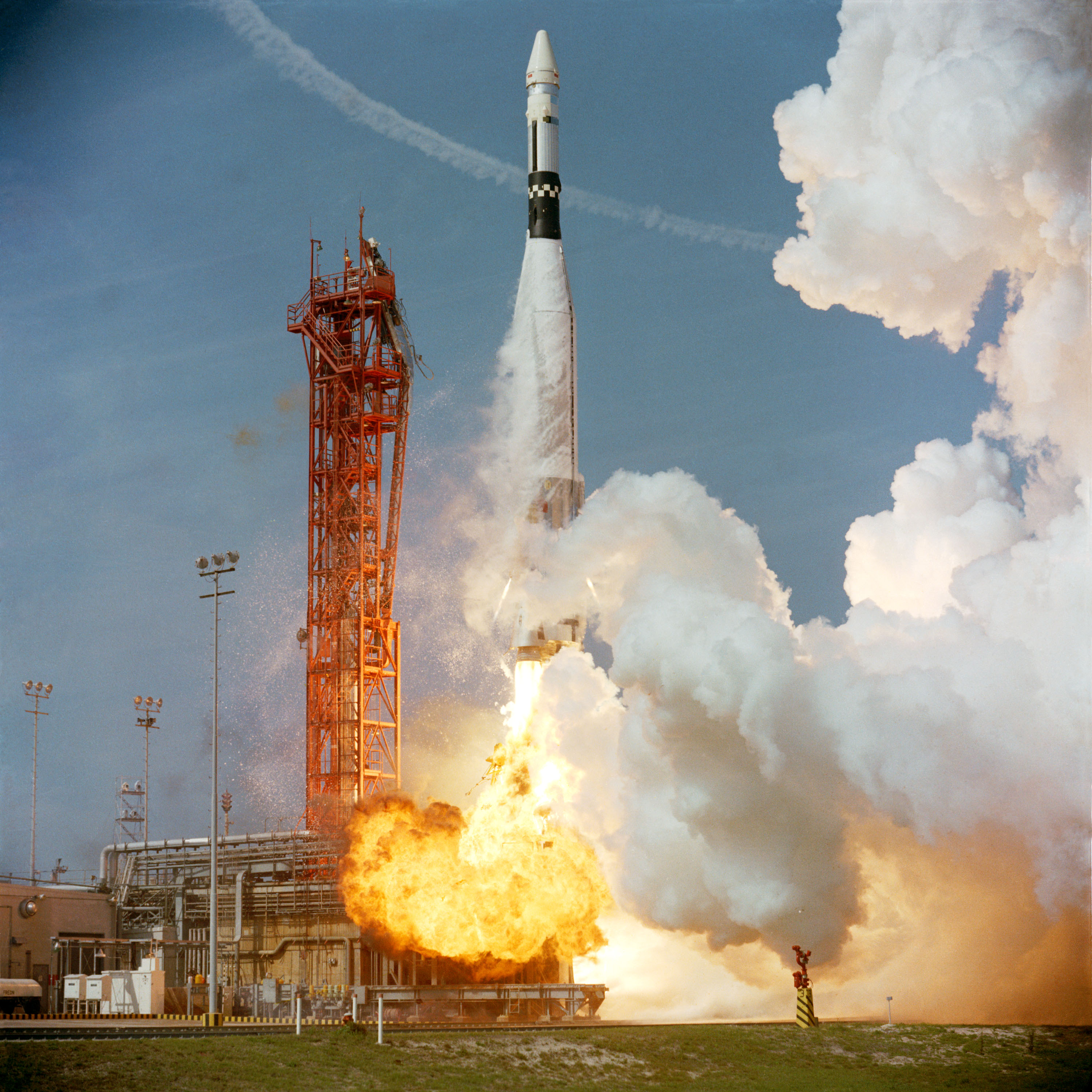 An Agena Target Docking Vehicle atop an Atlas rocket lifts off from ...